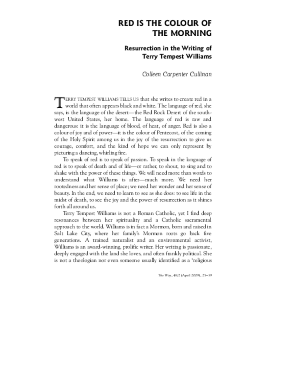 (PDF) RED IS THE COLOUR OF THE MORNING: Resurrection in the Writing of Terry Tempest Williams