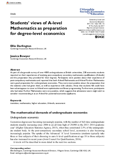(PDF) Students’ views of A-level Mathematics as preparation for degree ...