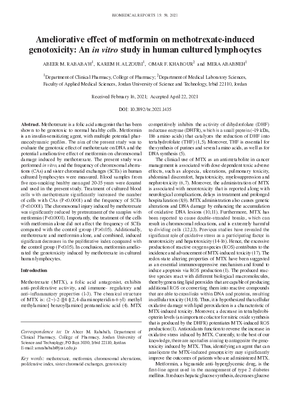 (PDF) Ameliorative effect of metformin on methotrexate-induced ...