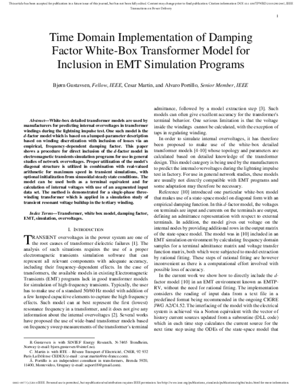 (PDF) Time-Domain Implementation of Damping Factor White-Box Transformer Model for Inclusion in ...