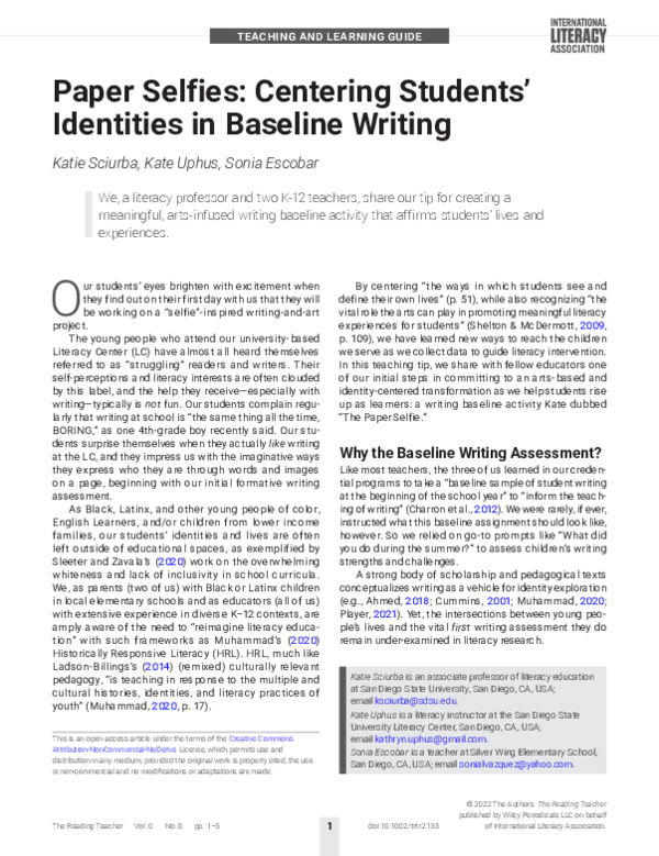 (PDF) Paper Selfies: Centering Students' Identities in Baseline Writing