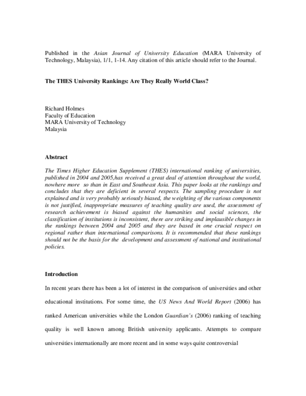 (PDF) The THES university rankings: are they really world class?