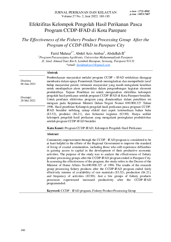 (PDF) Efektifitas Kelompok Pengolah Hasil Perikanan Pasca Program CCDP - IFAD Di Kota Parepare ...