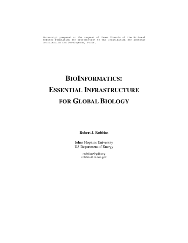 (PDF) Bioinformatics: Essential Infrastructure for Global Biology 1