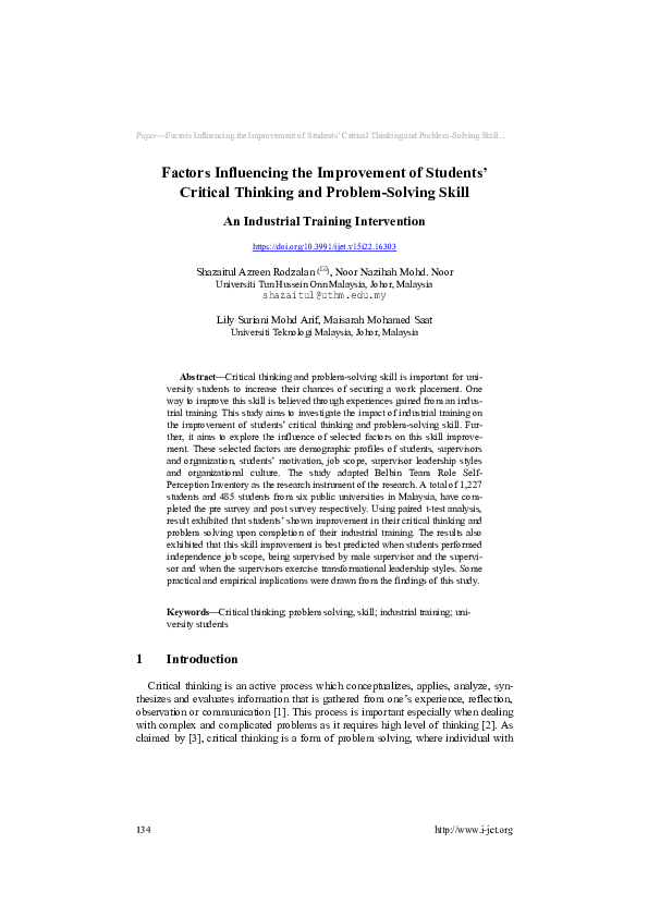 (PDF) Factors Influencing the Improvement of Students’ Critical Thinking and Problem-Solving ...
