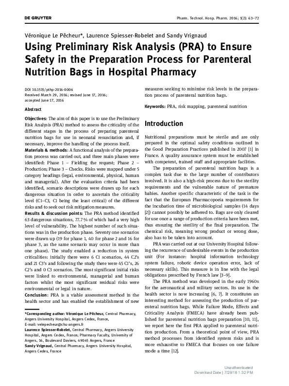 (PDF) PRA Improves Parenteral Nutrition Safety in Hospitals