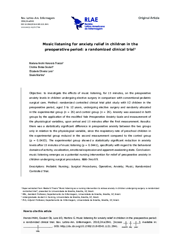 (PDF) Music listening for anxiety relief in children in the ...