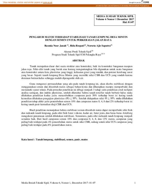 (PDF) Pengaruh Matos Terhadap Stabilisasi Tanah Lempung Desa Mintin Dengan Semen Untuk ...