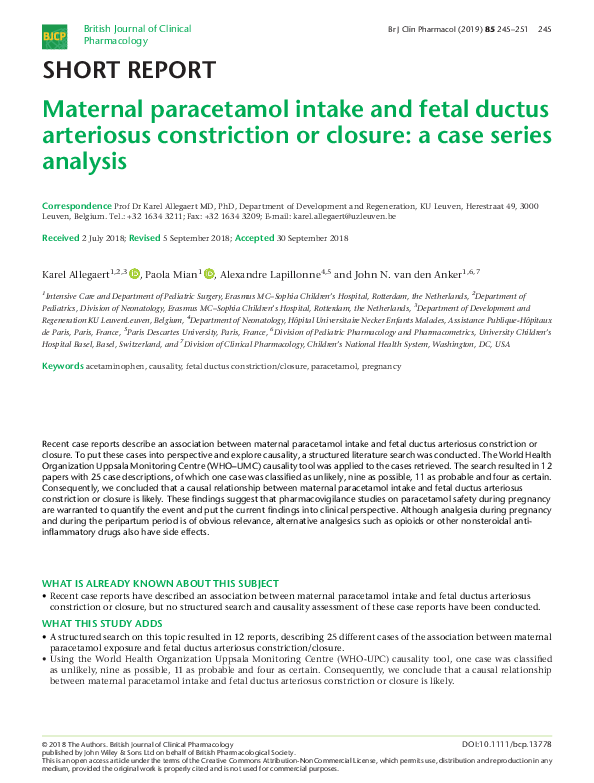 (PDF) Maternal paracetamol intake and fetal ductus arteriosus ...