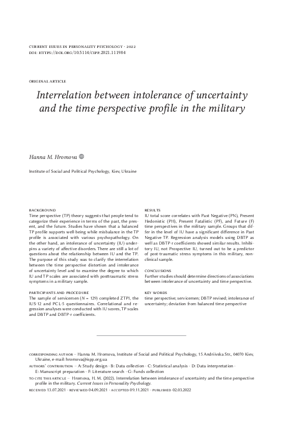 (PDF) Interrelation between intolerance of uncertainty and the time ...