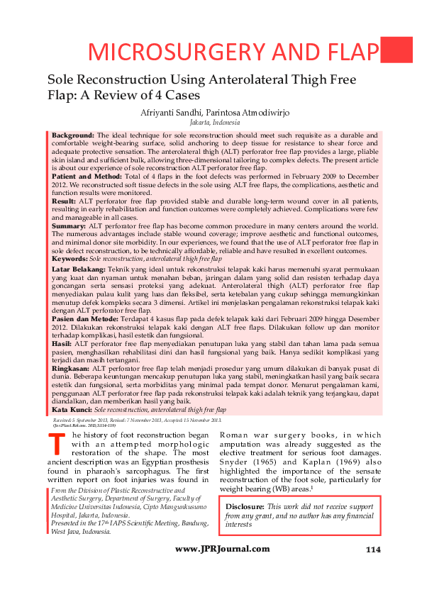 (PDF) Sole Reconstruction Using Anterolateral Thigh Free Flap: A Review of 4 Cases