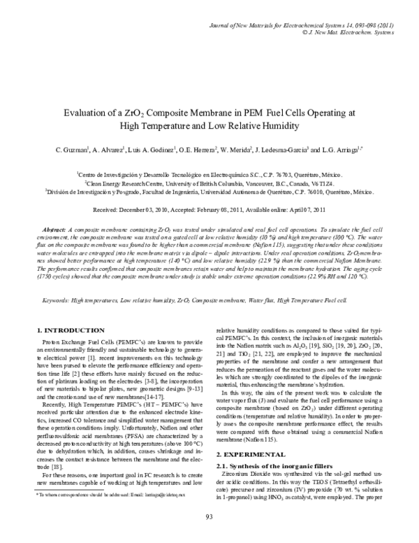 (PDF) Evaluation of a ZrO2 Composite Membrane in PEM Fuel Cells Operating at High Temperature ...