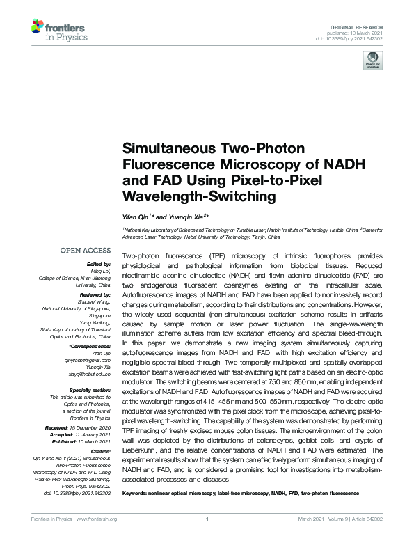 (PDF) Simultaneous Two-Photon Fluorescence Microscopy of NADH and FAD Using Pixel-to-Pixel ...