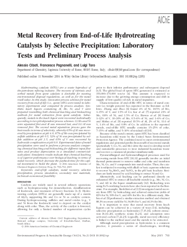 (PDF) Metal recovery from end-of-life hydrotreating catalysts by ...