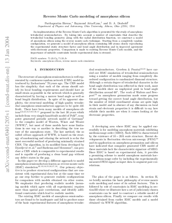 (PDF) Reverse Monte Carlo modeling of amorphous silicon