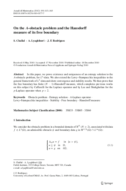 (PDF) On the A-obstacle problem and the Hausdorff measure of its free ...