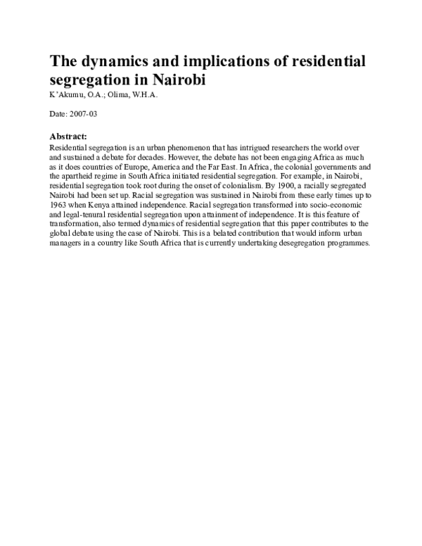 (PDF) The dynamics and implications of residential segregation in Nairobi