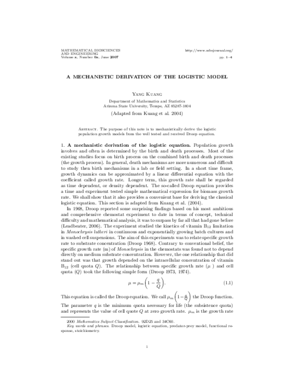 (PDF) A Mechanistic Derivation of the Logistic Model