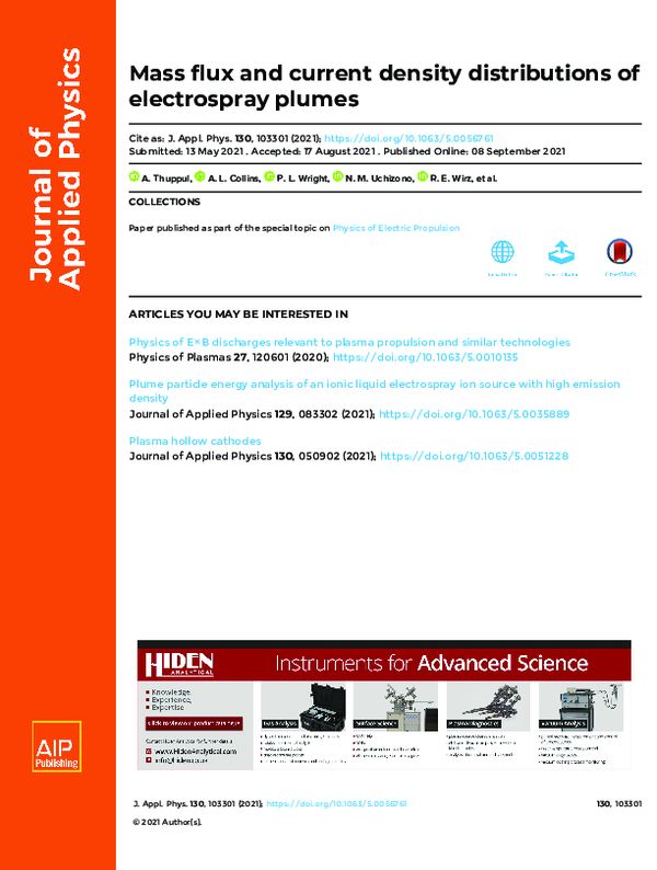 (PDF) Mass flux and current density distributions of electrospray plumes