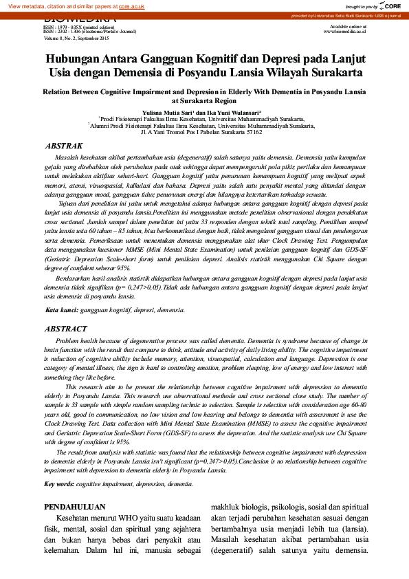 (PDF) Hubungan Antara Gangguan Kognitif dan Depresi pada Lanjut Usia dengan Demensia di Posyandu ...
