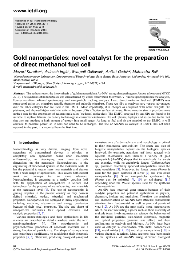 (PDF) Gold nanoparticles: novel catalyst for the preparation of direct ...