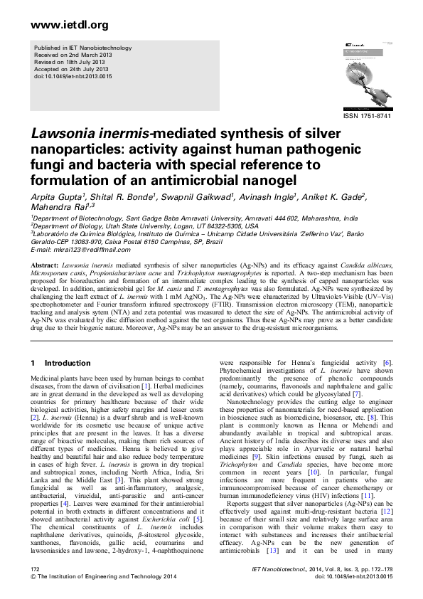 (PDF) Lawsonia inermis‐ mediated synthesis of silver nanoparticles: activity against human ...
