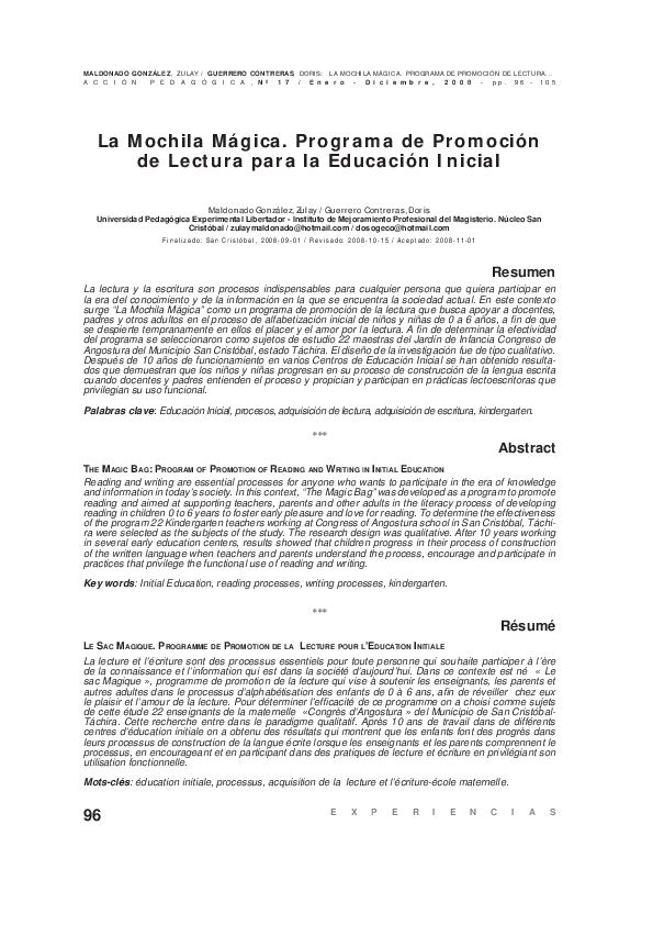(PDF) La mochila mágica. Programa de promoción de lectura para la ...