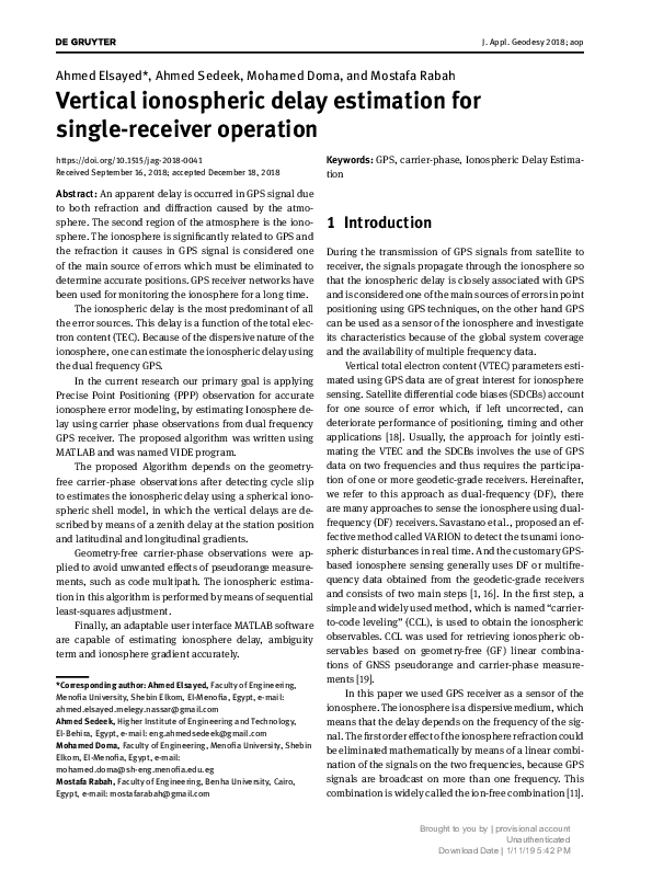 (PDF) Vertical ionospheric delay estimation for single-receiver operation
