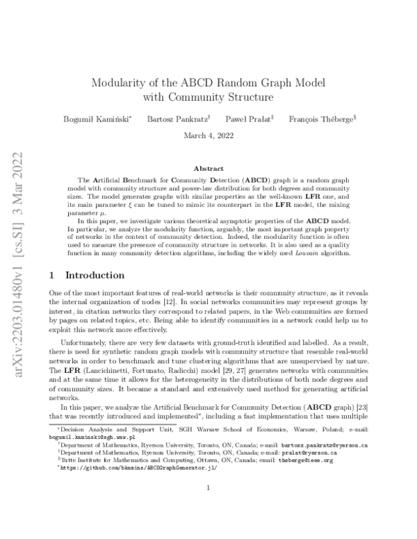 (PDF) Modularity of the ABCD Random Graph Model with Community Structure | Bartosz Pankratz ...