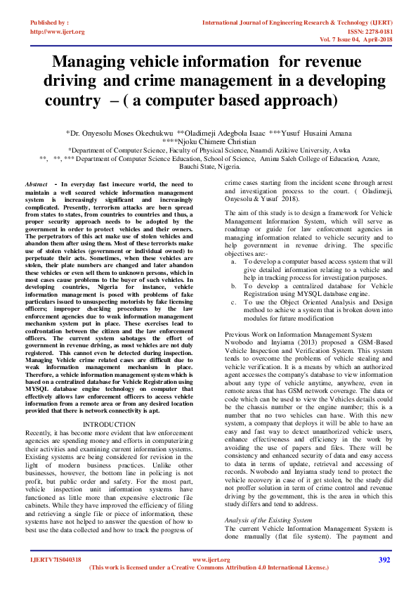 (PDF) Managing vehicle information for revenue driving and crime management in a developing ...