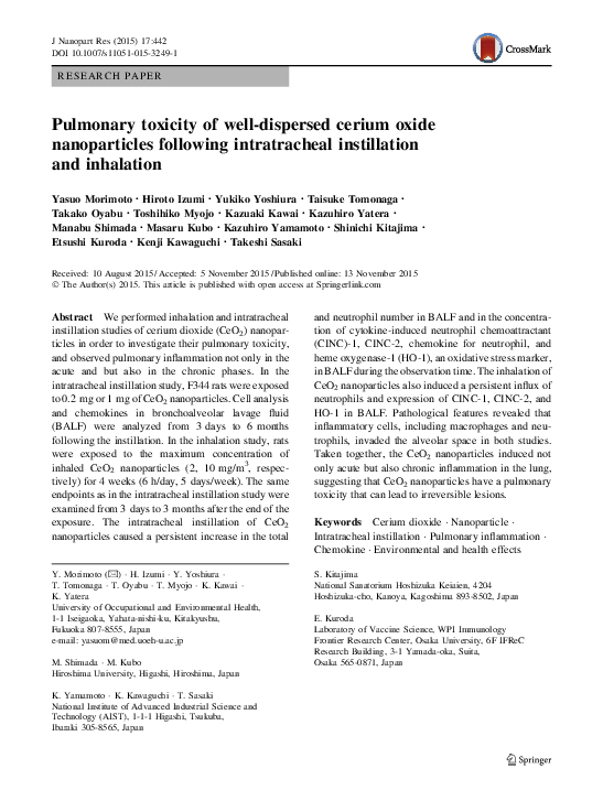 (PDF) Pulmonary toxicity of well-dispersed cerium oxide nanoparticles following intratracheal ...