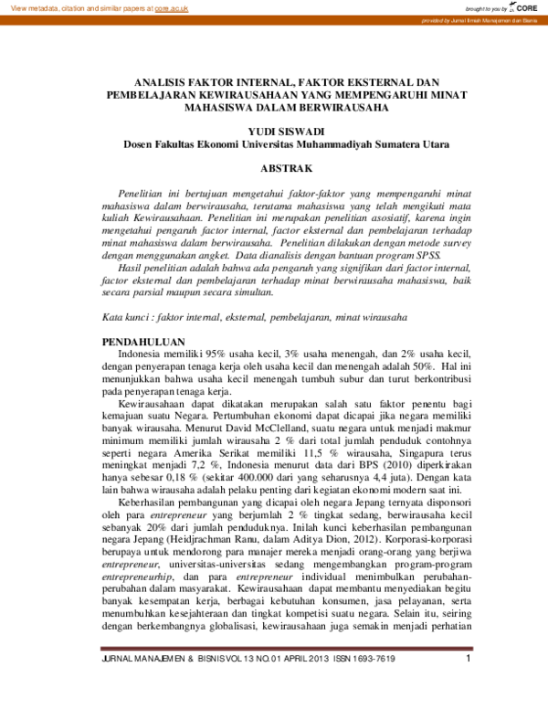 (PDF) Analisis Faktor Internal, Faktor Eksternal Dan Pembelajaran Kewirausahaan Yang ...