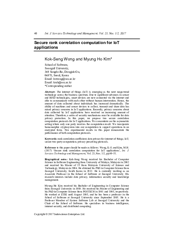 (PDF) Secure rank correlation computation for IoT applications