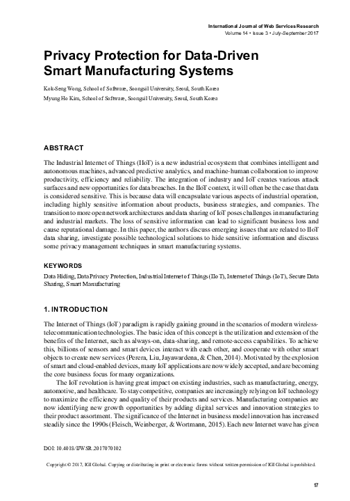 (PDF) Privacy Protection for Data-Driven Smart Manufacturing Systems