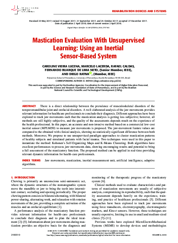 (PDF) Mastication Evaluation With Unsupervised Learning: Using an Inertial Sensor-Based System ...