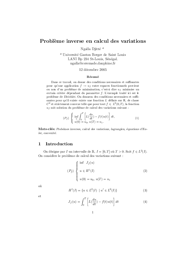 (PDF) Probleme inverse en calcul des variations