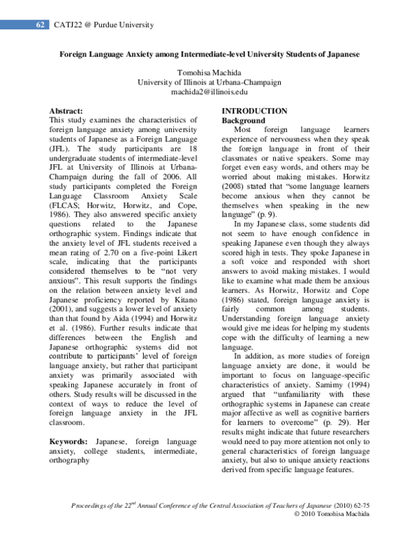 (PDF) Foreign Language Anxiety among Intermediate-level University Students of Japanese