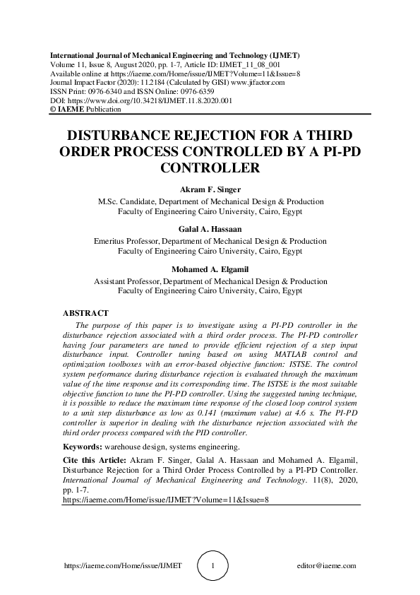(PDF) Disturbance Rejection for a Third Order Process Controlled by a Pi-PD Controller