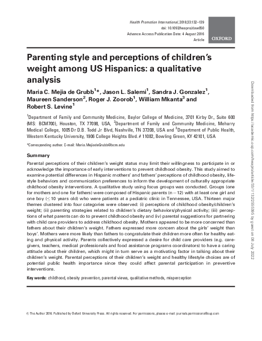 (PDF) Parenting style and perceptions of children’s weight among US ...