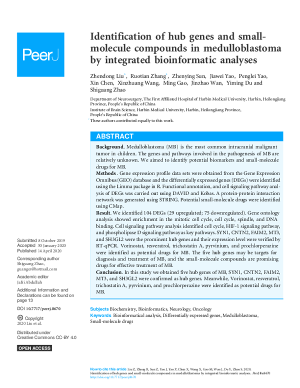 (PDF) Identification of hub genes and small-molecule compounds in medulloblastoma by integrated ...