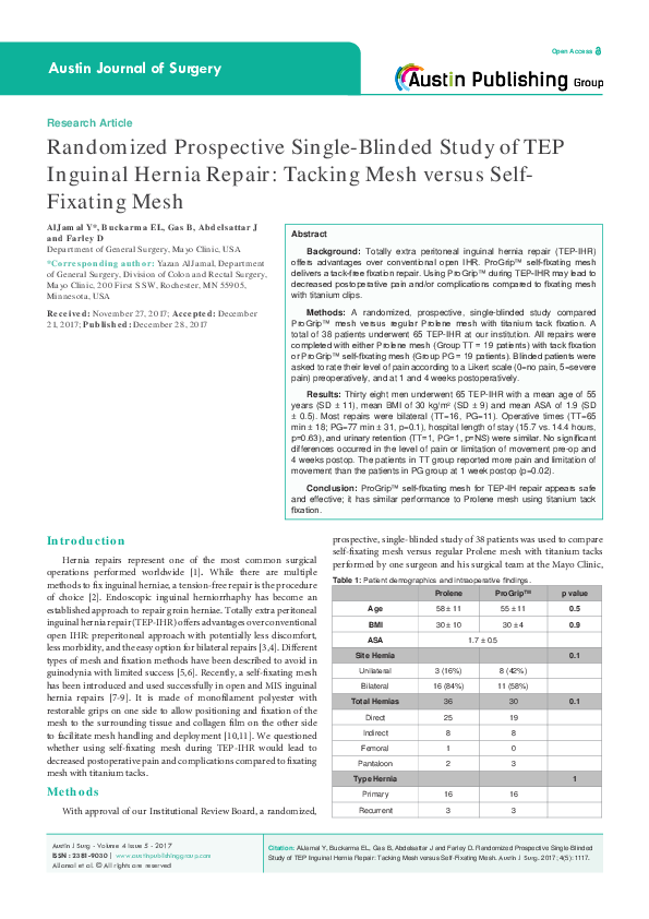 (PDF) Randomized Prospective Single-Blinded Study of TEP Inguinal Hernia Repair: Tacking Mesh ...