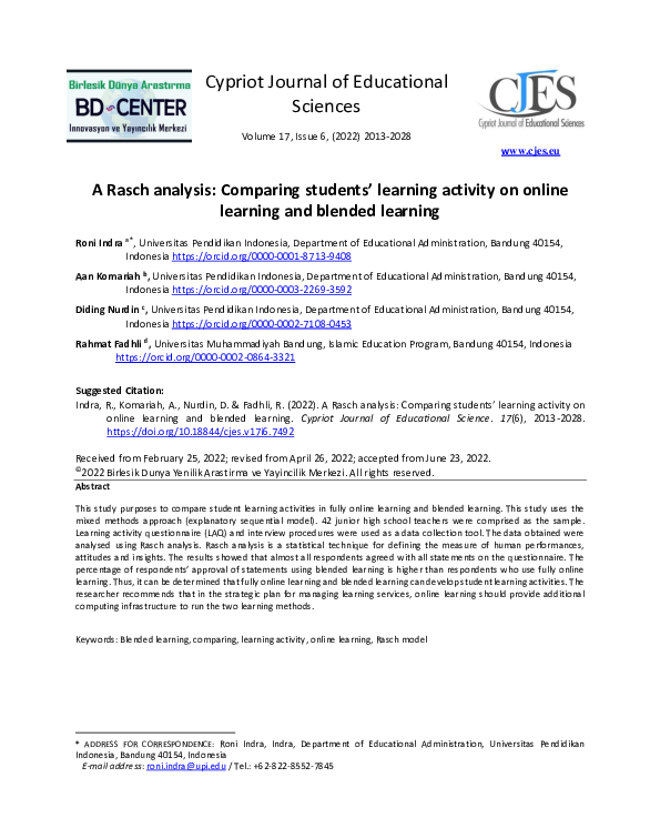 (PDF) A Rasch analysis: Comparing students’ learning activity on online learning and blended ...