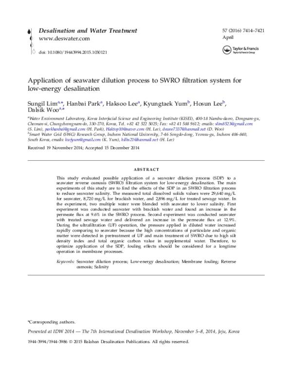 (PDF) Application of seawater dilution process to SWRO filtration ...