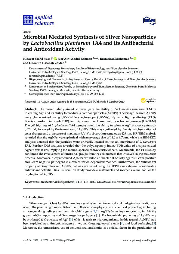(PDF) Microbial Mediated Synthesis of Silver Nanoparticles by Lactobacillus Plantarum TA4 and ...