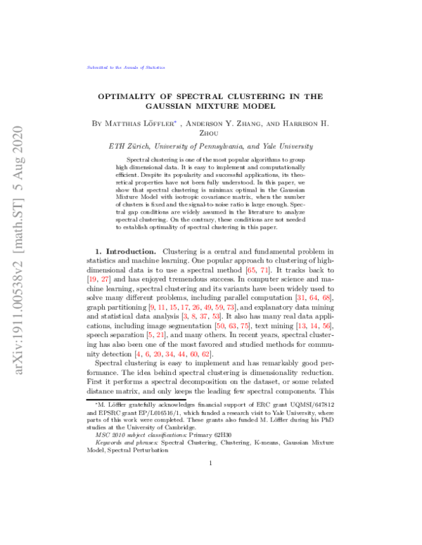 (PDF) Optimality of spectral clustering in the Gaussian mixture model