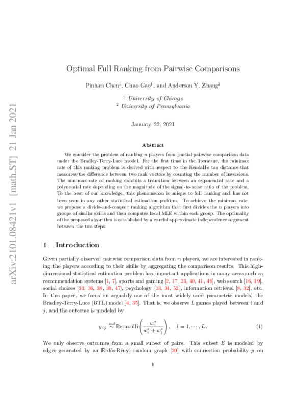 Pdf Optimal Full Ranking From Pairwise Comparisons