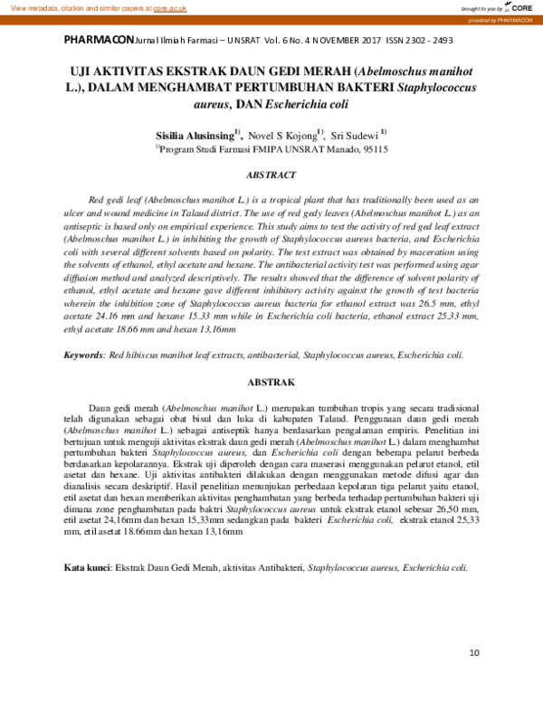 (PDF) UJI AKTIVITAS EKSTRAK DAUN GEDI MERAH (Abelmoschus manihot L.), DALAM MENGHAMBAT ...