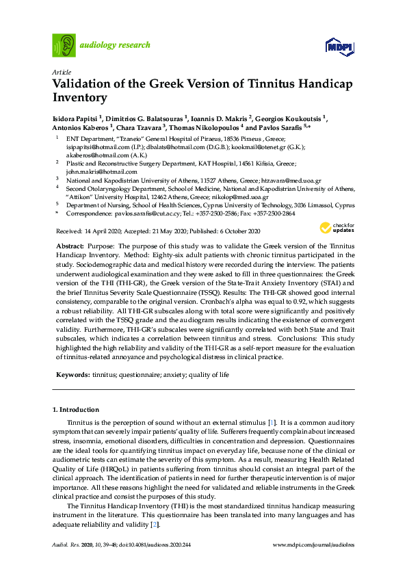 (PDF) Validation of the Greek Version of Tinnitus Handicap Inventory