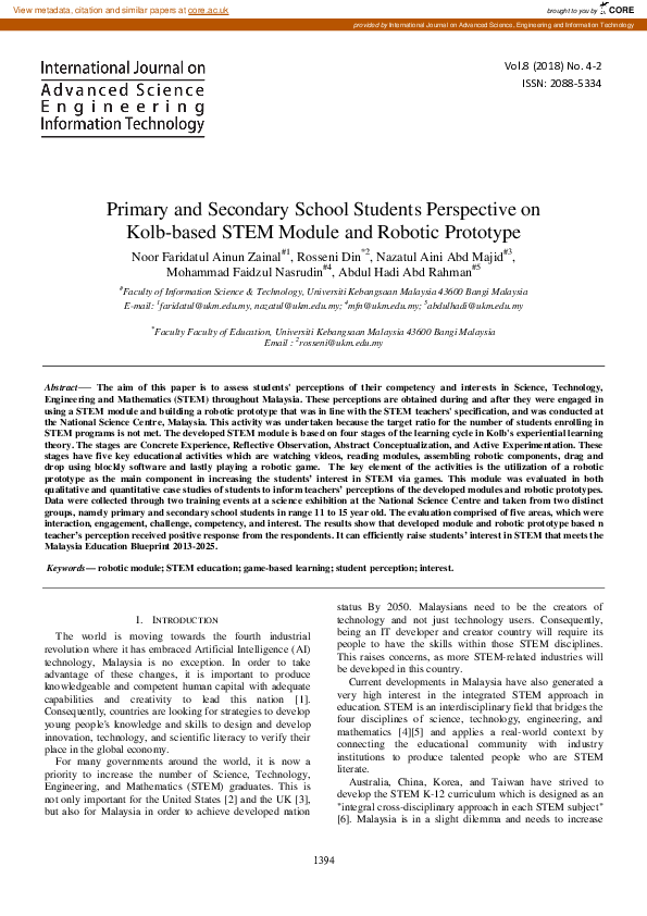(PDF) Primary and Secondary School Students Perspective on Kolb-based STEM Module and Robotic ...