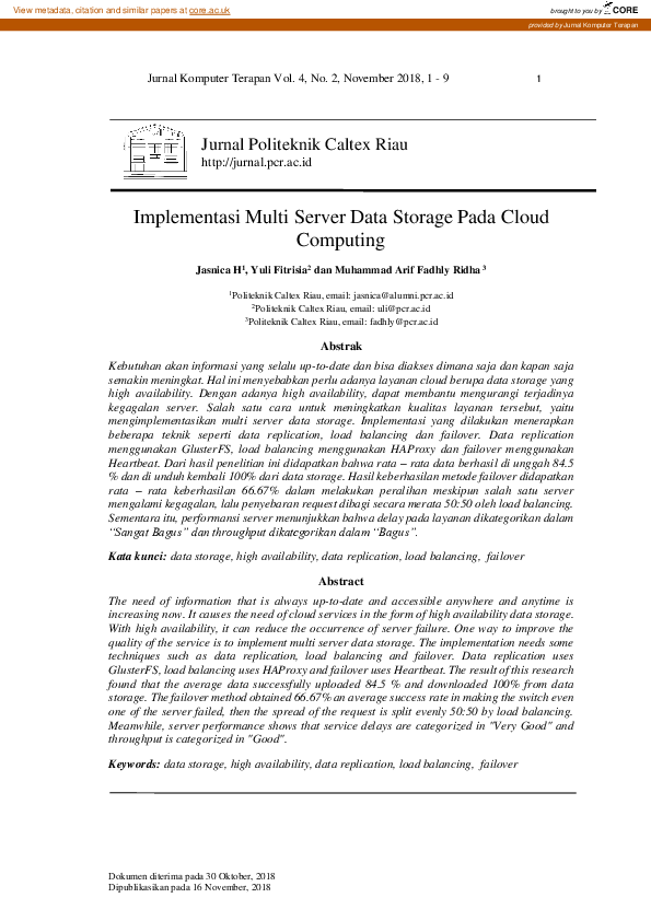 (PDF) Implementasi Multi Server Data Storage Pada Cloud Computing